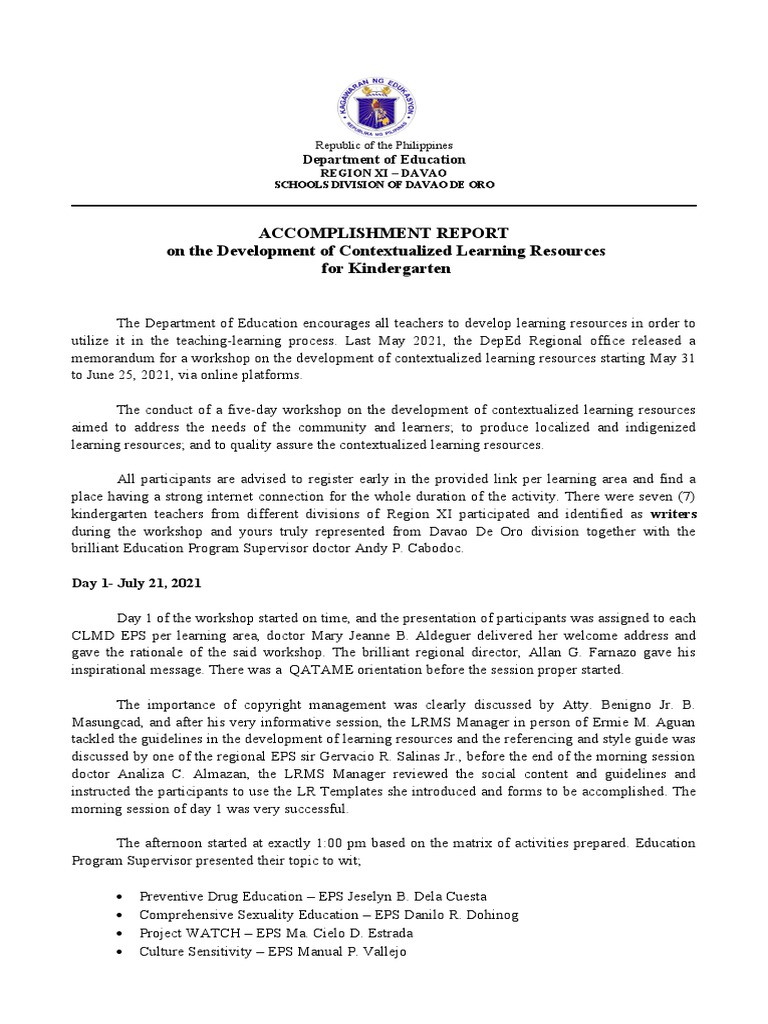 Accomplishment Report On Booklet | PDF | Behavior Modification | Learning