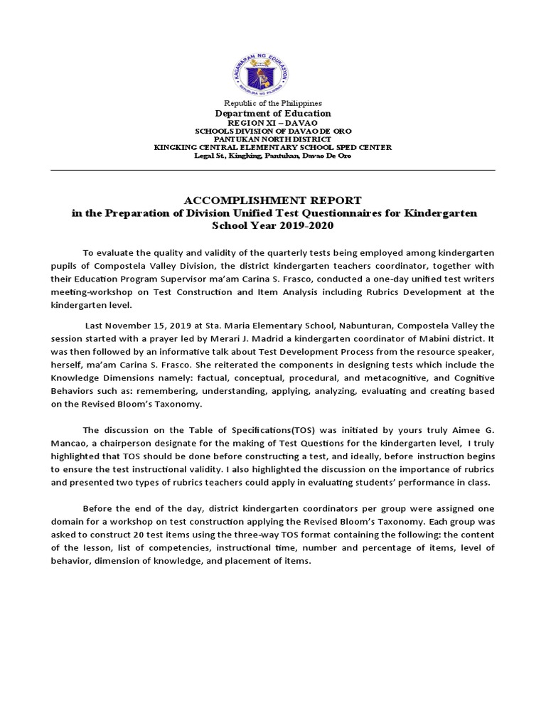 Accomplishment Report Unified Test-Division | PDF | Rubric (Academic ...