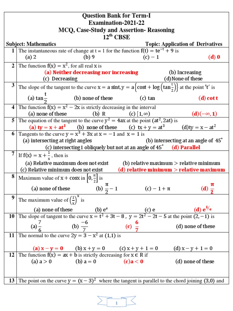 Application - of - Derivatives MCQ-12 | PDF | Tangent | Slope