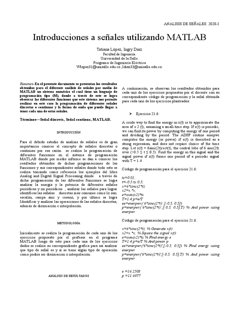 Análisis de señales mediante MATLAB: Programación y visualización de funciones discretas comunes ...