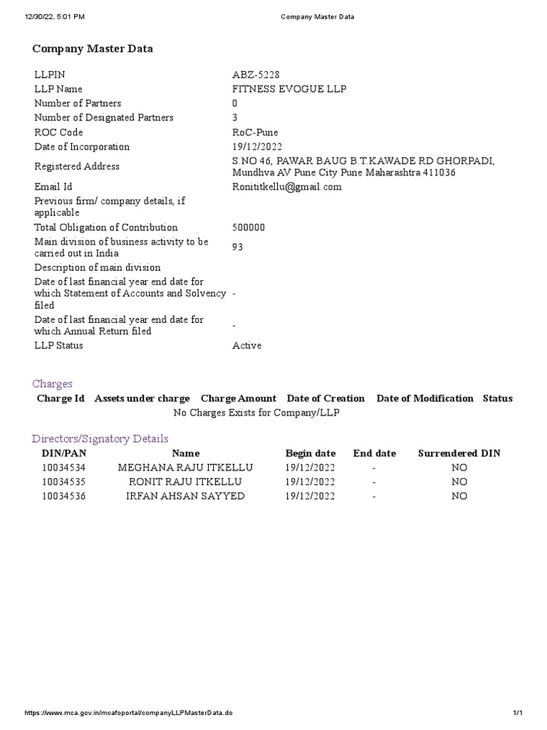 Fitness Evogue LLP Company Data | PDF