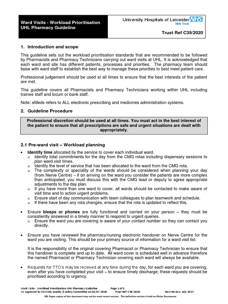 Ward Visits - Workload Prioritisation UHL Pharmacy Guideline | PDF ...