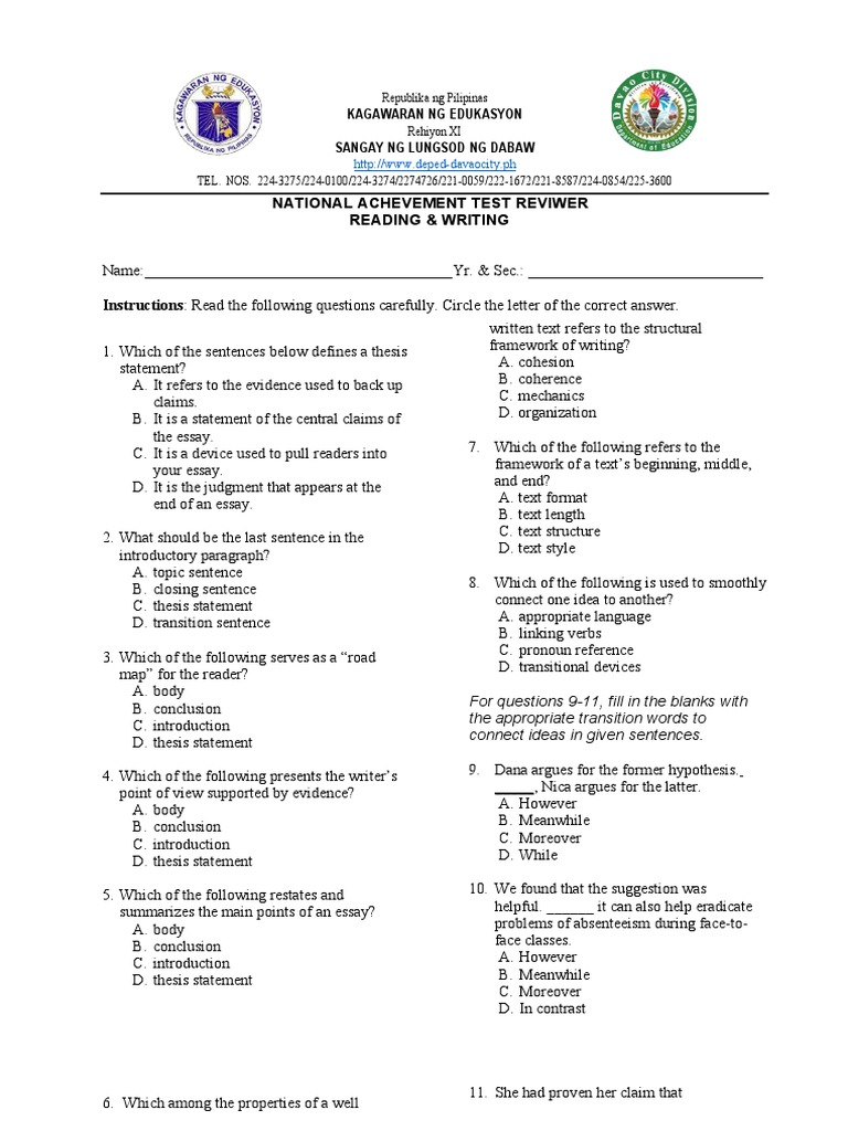 Nat G12 Reviewer in Reading and Writing | PDF | Essays | Statistics