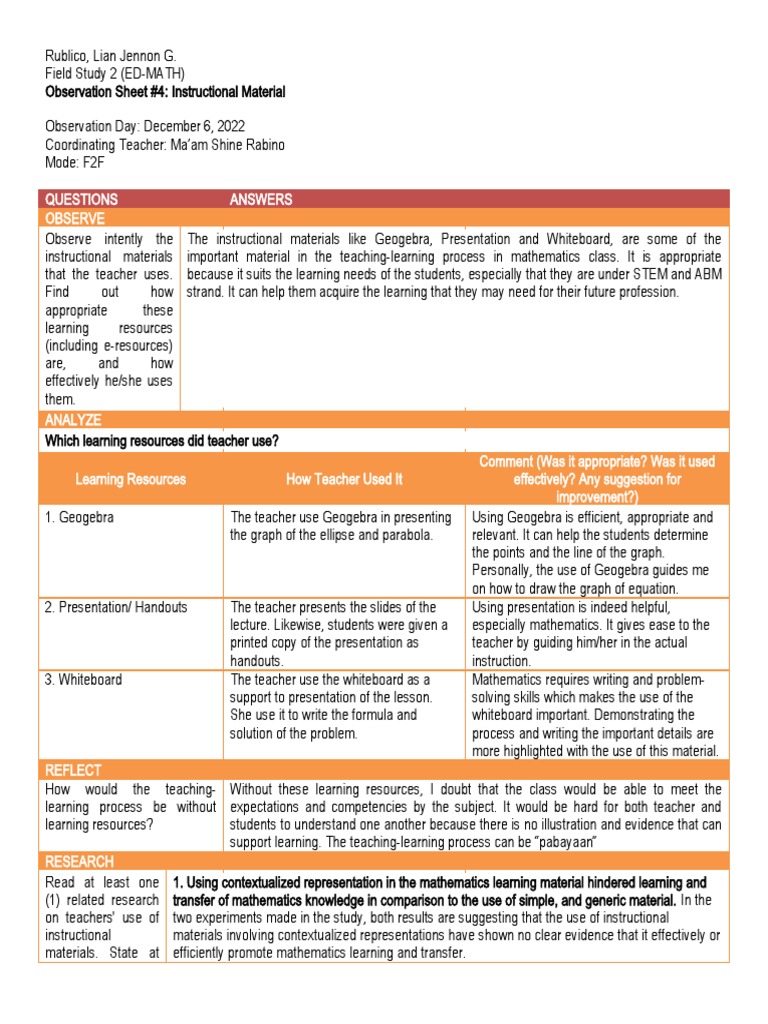Observation Sheet #4-Instructional Material | PDF | Teachers | Learning