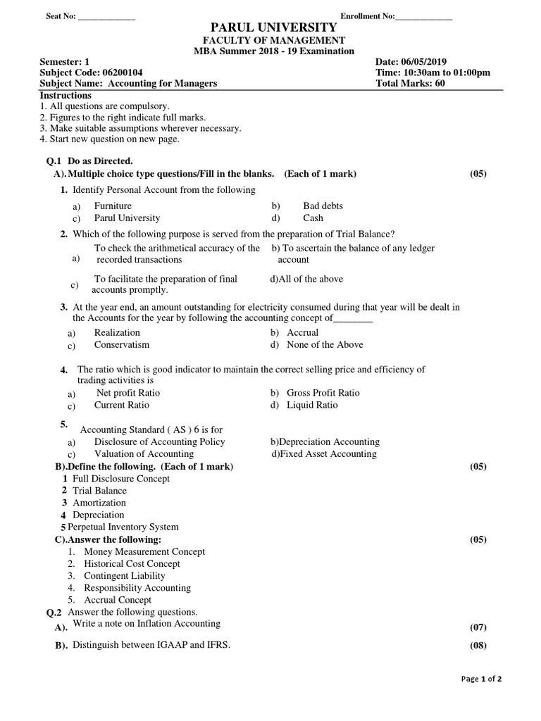 MBA Accounting for Managers Exam 2019 | PDF | Financial Economics | Money