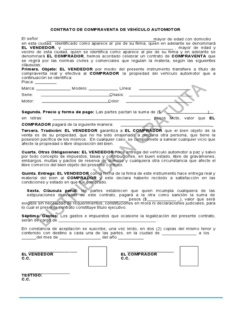 Formato Contrato de Compraventa de Vehículo Automotor | Descargar ...