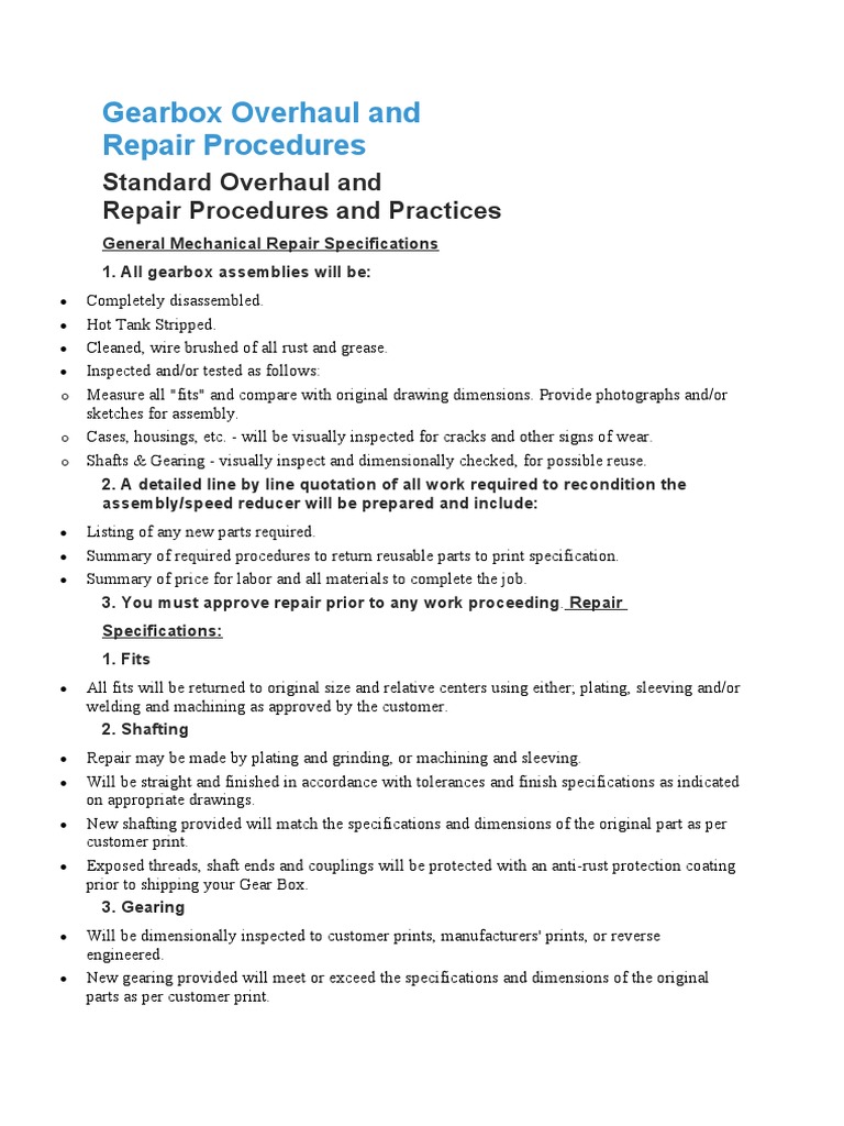 Gearbox Overhaul and Repair Procedure | PDF | Pipe (Fluid Conveyance ...