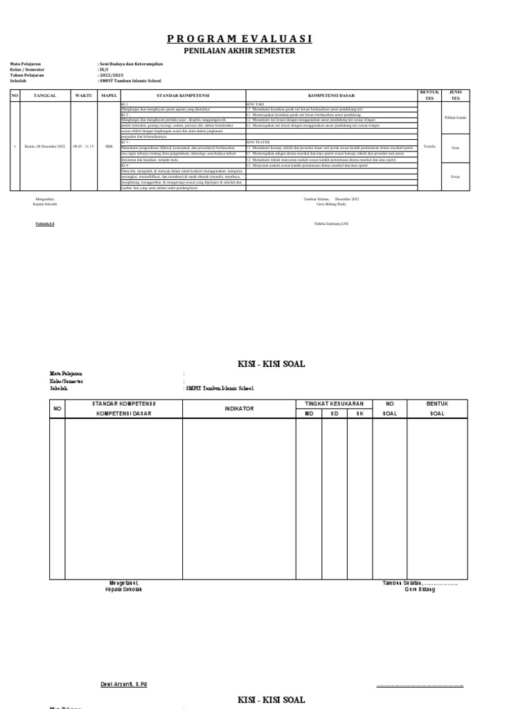 Program Evaluasi Pas SBK 9 | PDF