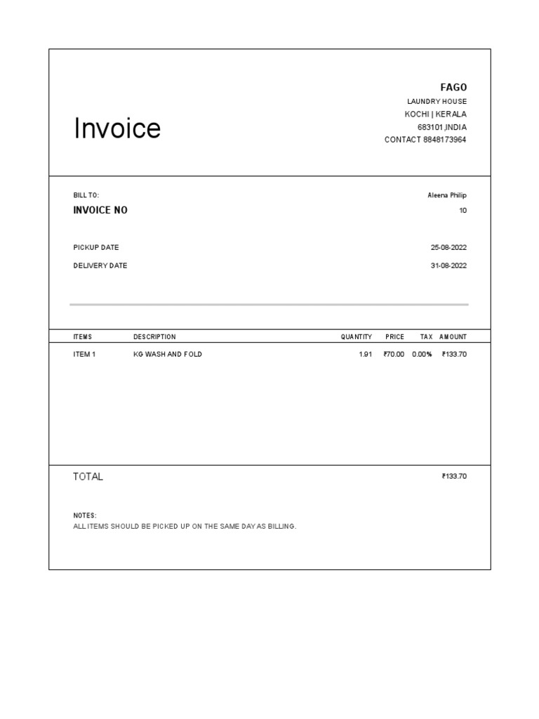 WASH AND FOLD INVOICE - Sheet1 | PDF