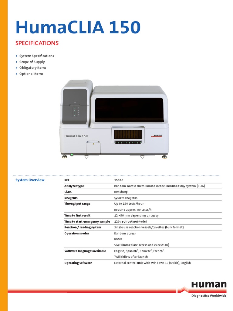 Humaclia 150: Specifications | PDF | Immunoassay | Barcode