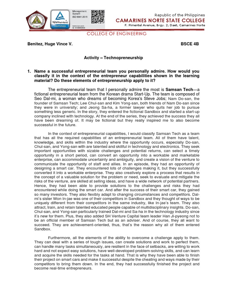 Benitez, Huge Vince V. - BSCE 4B (Activity - Technopreneurship) | PDF ...