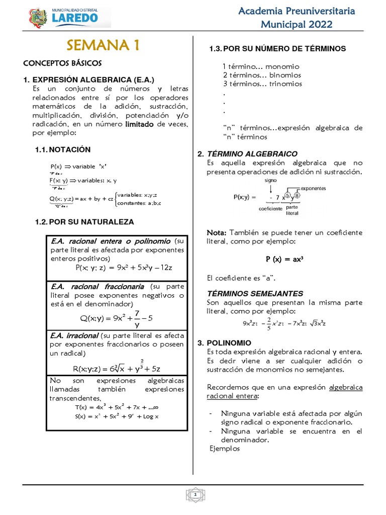 ALGEBRA-Expresiones Algebraicas, Monomios y Polinomios - S1 | PDF ...