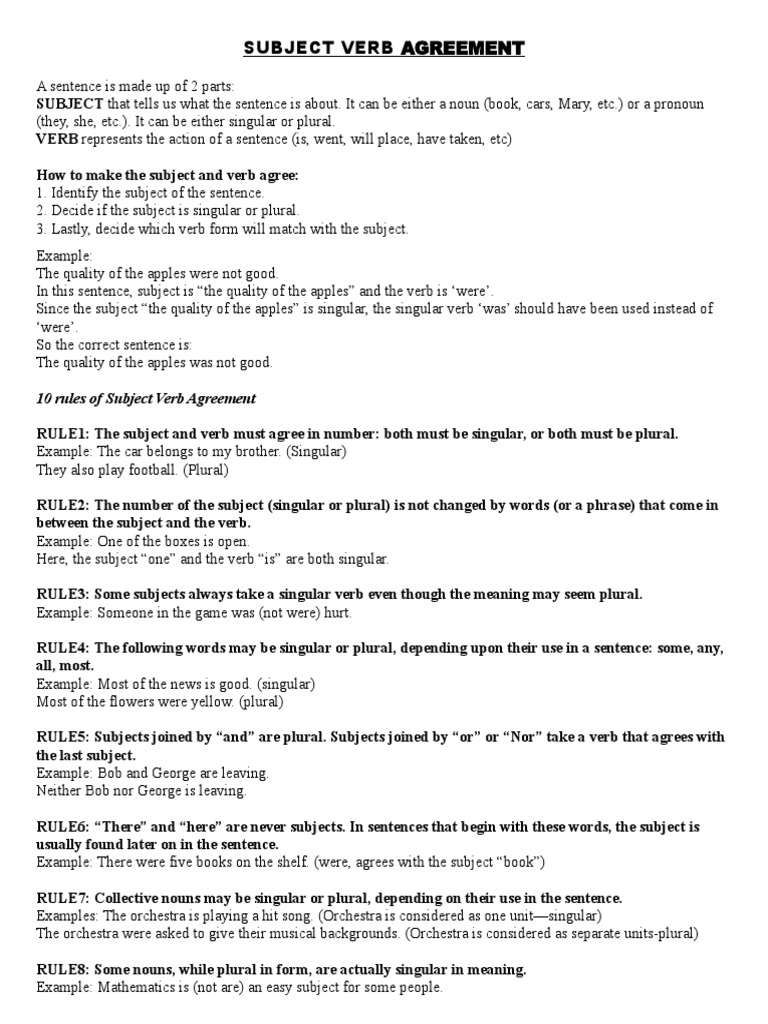 SUBJECT VERB AGREEMENT Rules | PDF | Grammatical Number | Subject (Grammar)