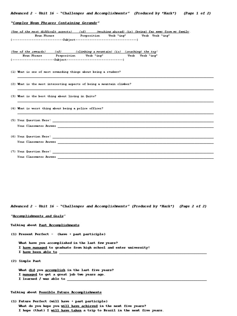 Advanced 2 - Unit 16 - Two Grammar Points | PDF | Verb | Perfect (Grammar)