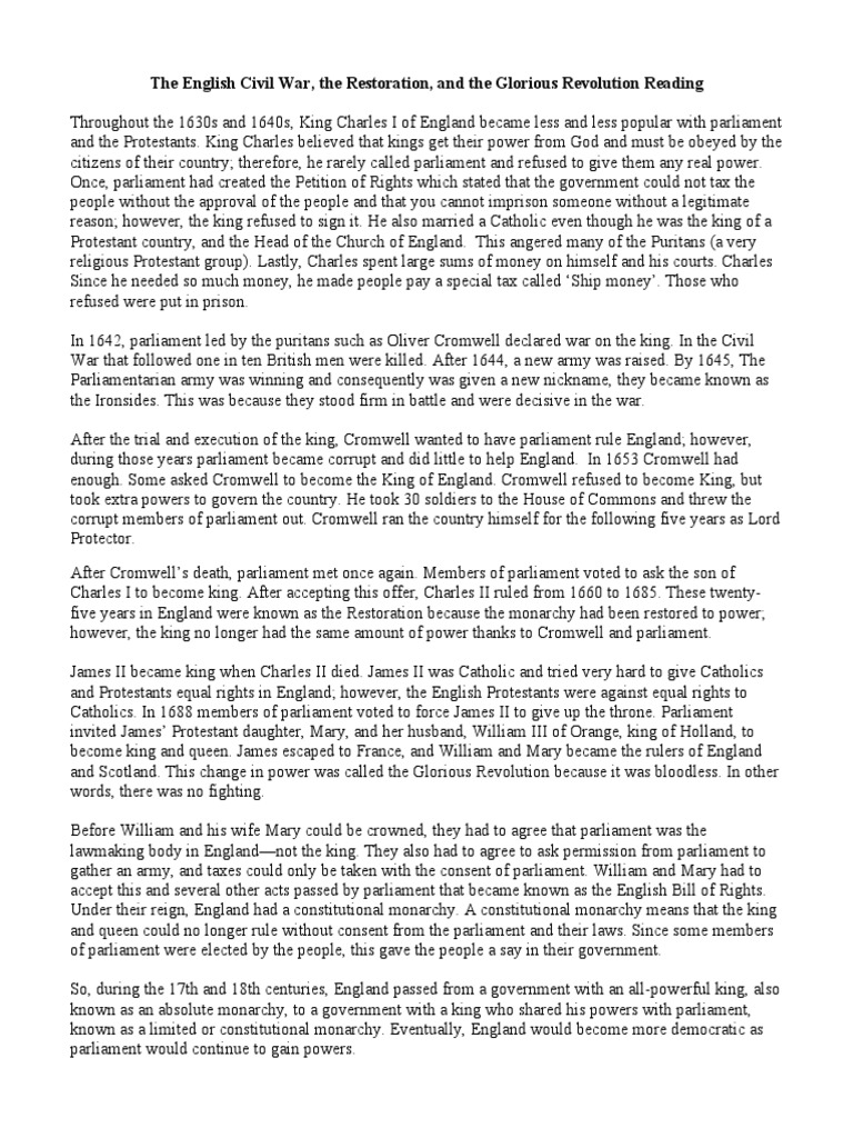 CW and GR Reading and Questions | PDF | Oliver Cromwell | English Civil War