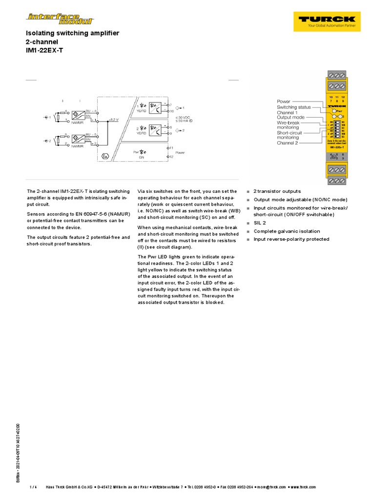 Datasheet - Turck Module IM1-22EX-T - EN | PDF | Amplifier | Transistor