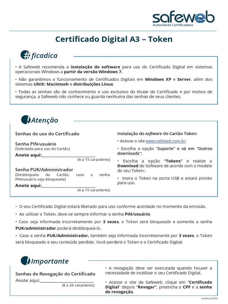 Manual de Instalação Certificado Digital A3 - Token | PDF | Senha ...