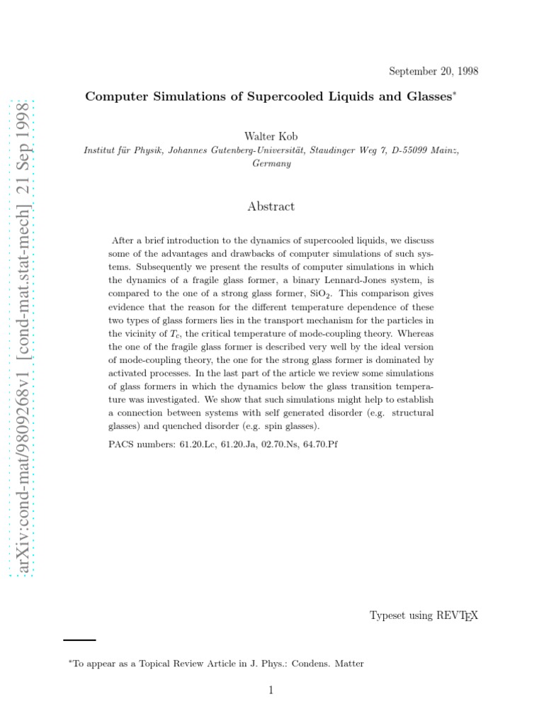 Computer Simulations of Supercooled Liquids and Glasses: September 20 ...