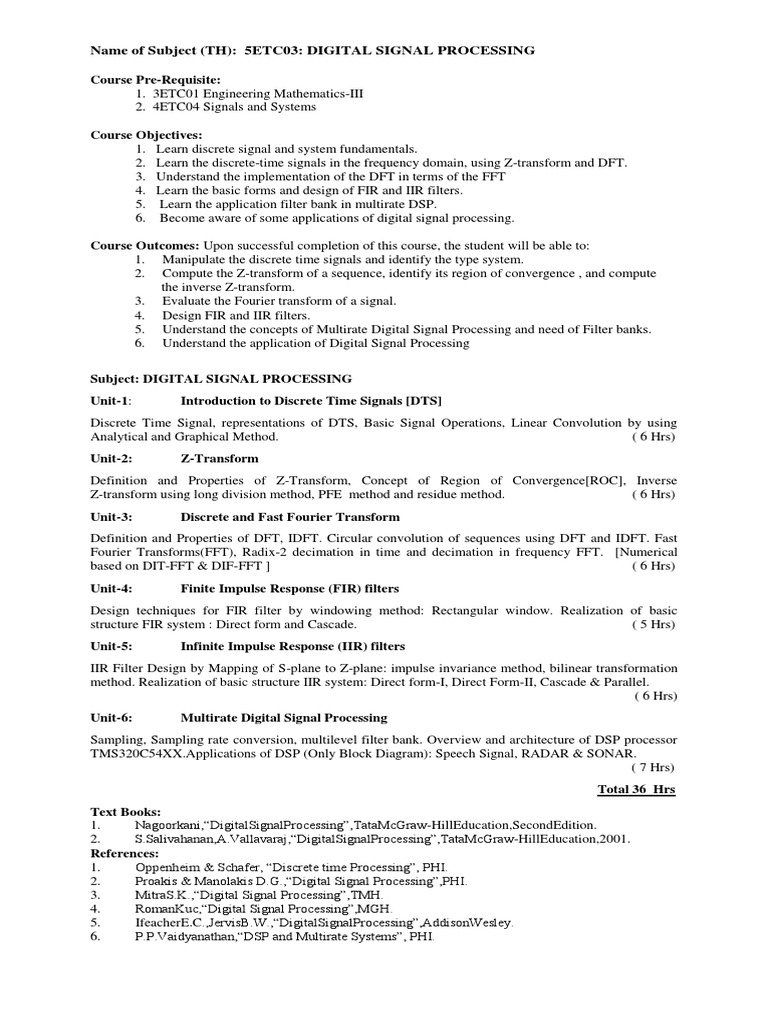 5ETC03 DSP Syllabus | PDF | Digital Signal Processing | Discrete Fourier Transform