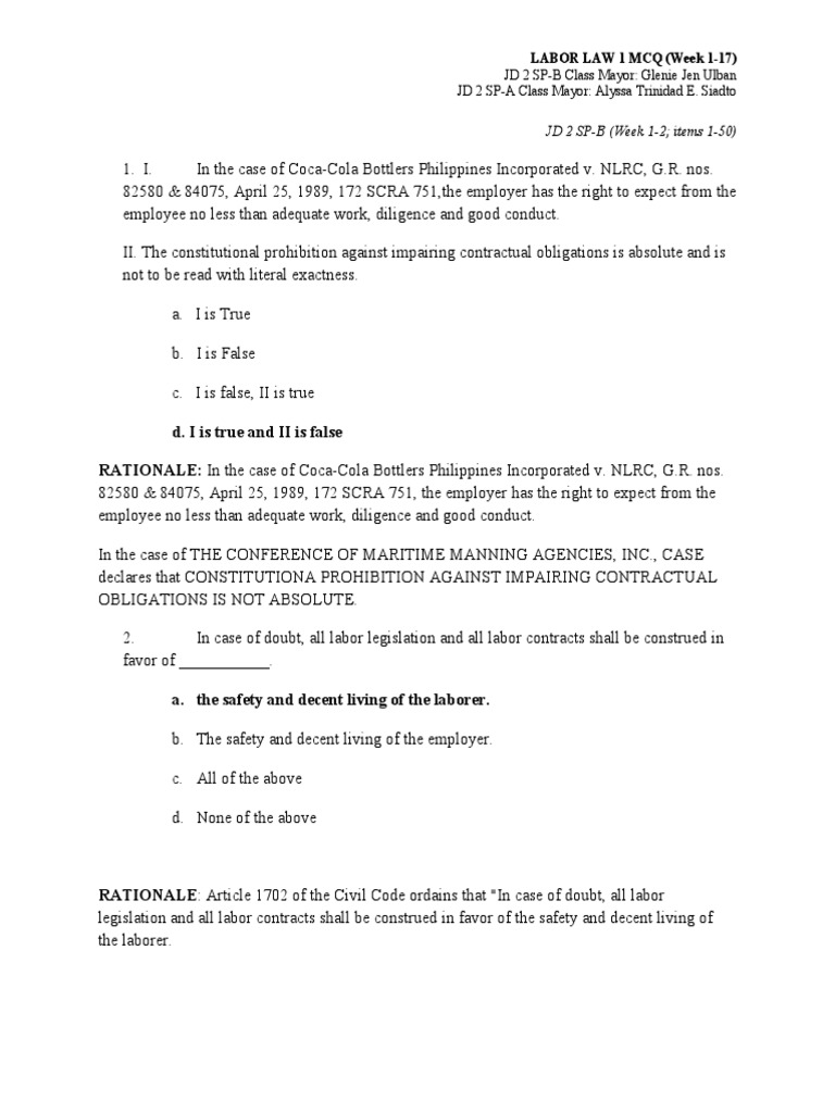 LABOR LAW MCQs Week 1 17 | PDF | Employment | Labour Law LABOR LAW MCQs Week 1 17 | PDF | Employment | Labour Law
