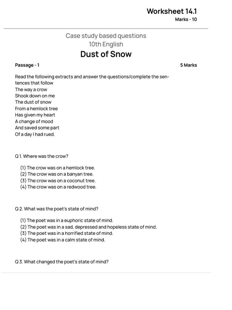 Analysis of the Poem 'Dust of Snow' Through Multiple Choice Questions ...