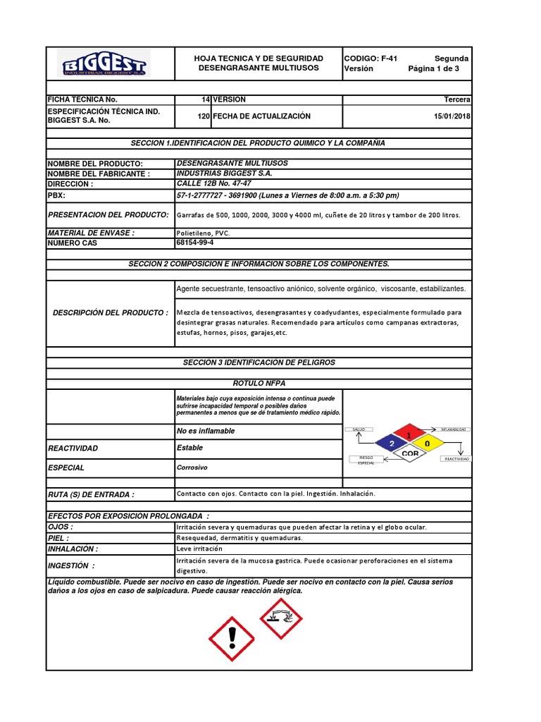 Hojas de Seguridad - Desengrasante | PDF | Agua | Quemar