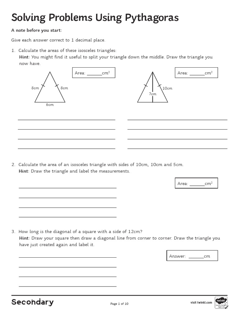 Lesson 4 Worksheet - Using Pythagoras To Solve Problems | PDF | Area | Triangle