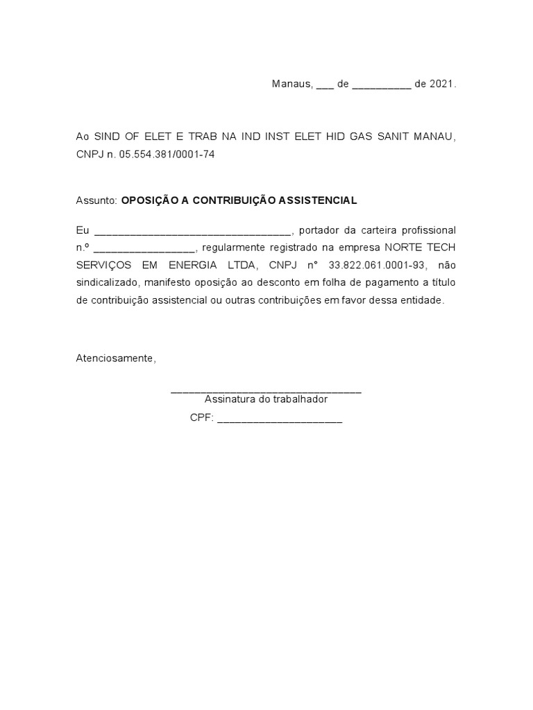 Modelo de Carta de Oposição A Contribuição Sindicato | PDF
