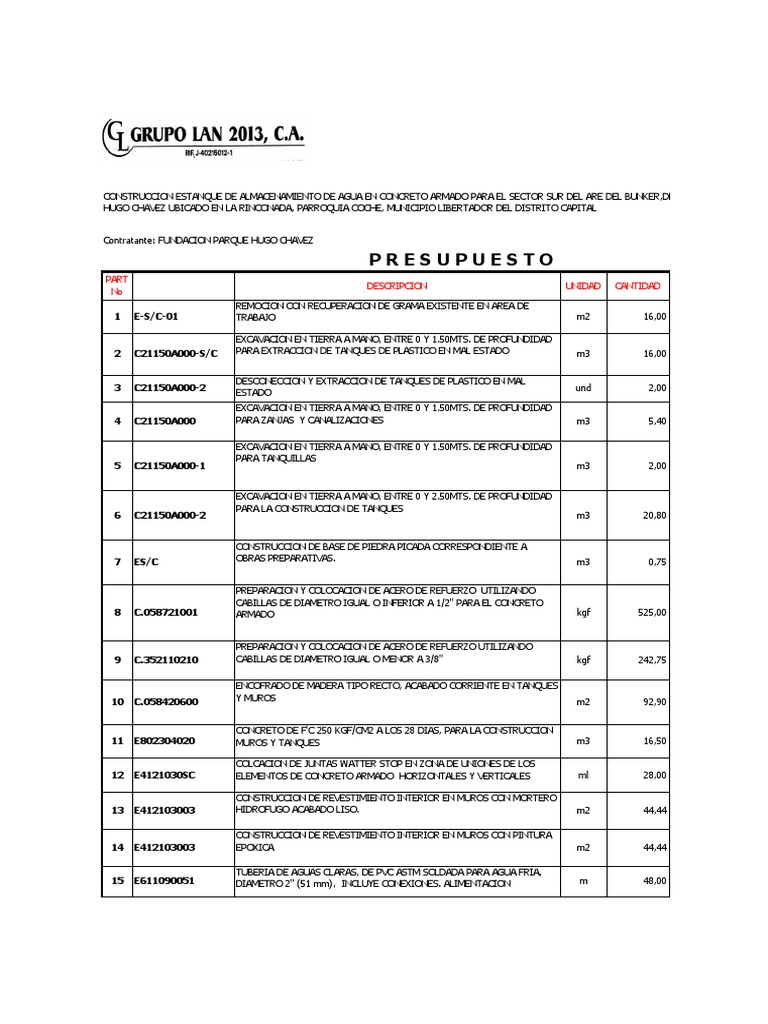 Cotización Tanque 2 | Descargar gratis PDF | Ingeniería de Edificación | edificio