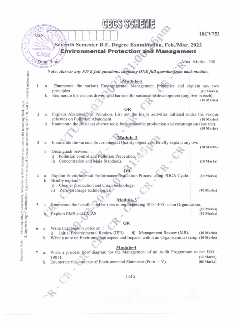 VTU Question Paper of 18CV753 Environmental Protection and Management ...