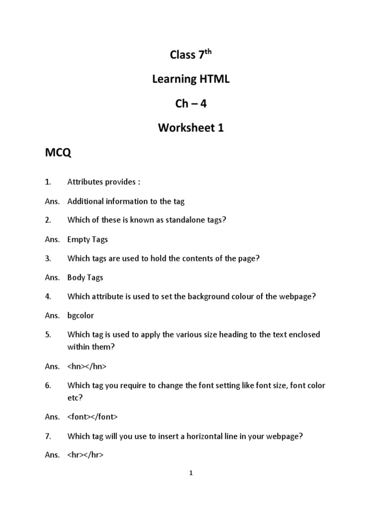 2103010702567th Class CH - 4 Q - Answer and Worksheets | PDF | Html Element | Html