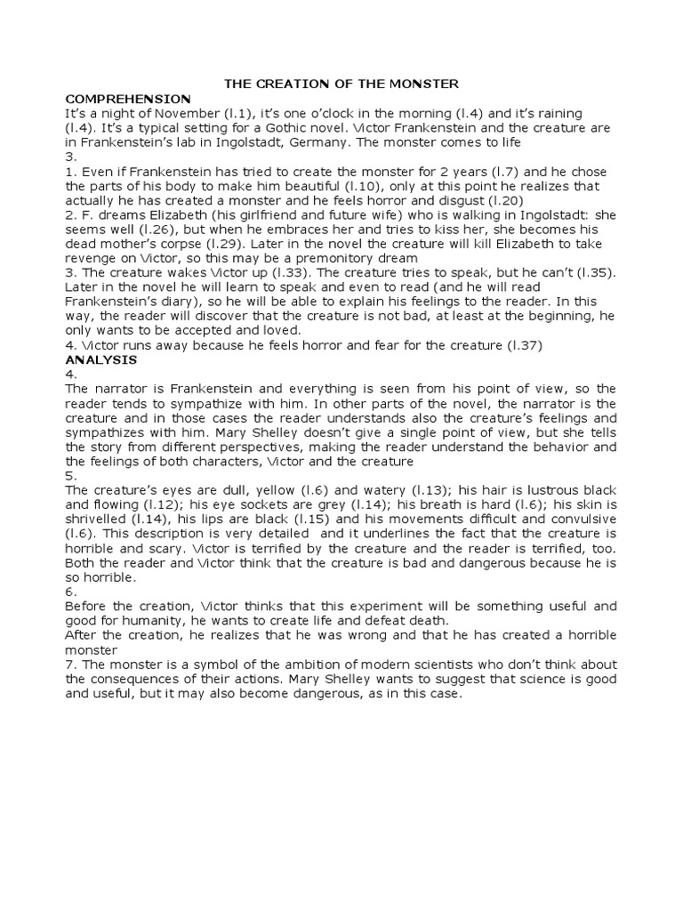 THE CREATION OF THE MONSTER Comment 1 | PDF | Frankenstein