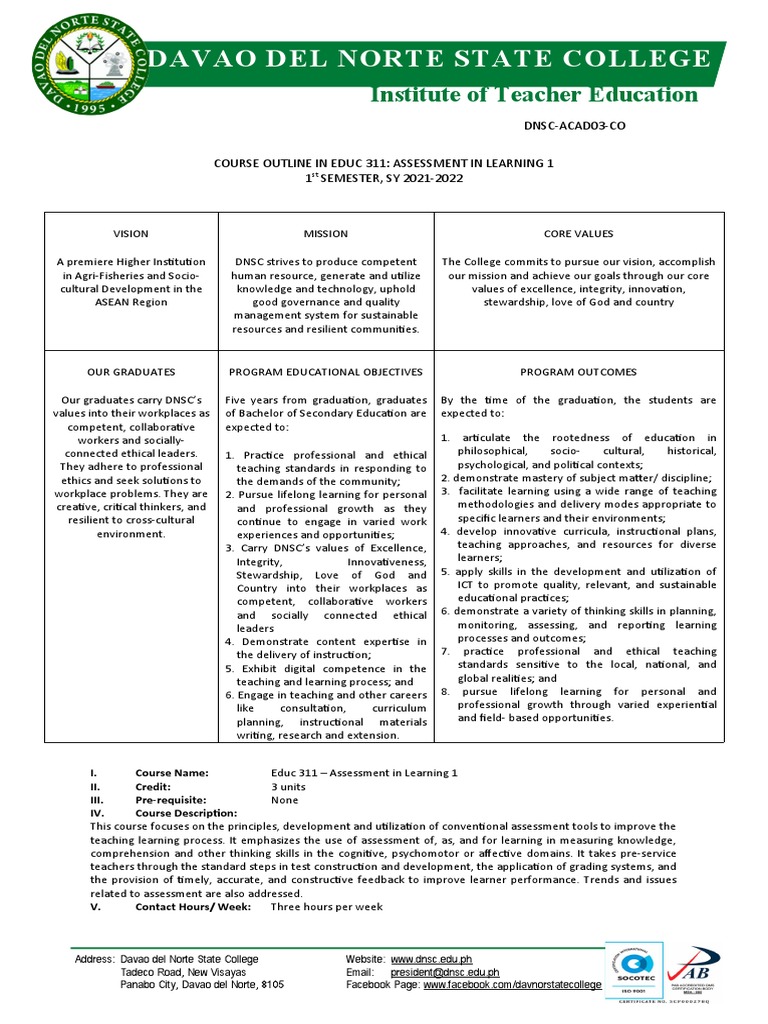 Educ 311 Course Outline (August 2021 Format) | PDF | Educational Assessment | Teaching Method