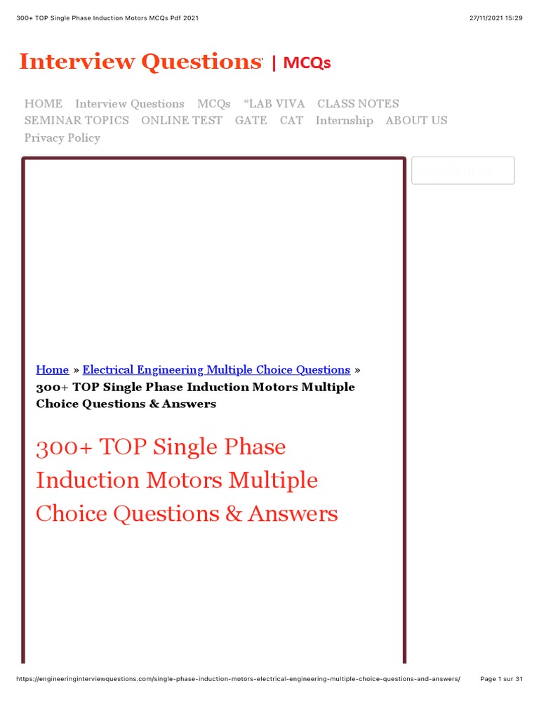 300+ TOP Single Phase Induction Motors MCQs PDF 2021 | PDF | Electric ...