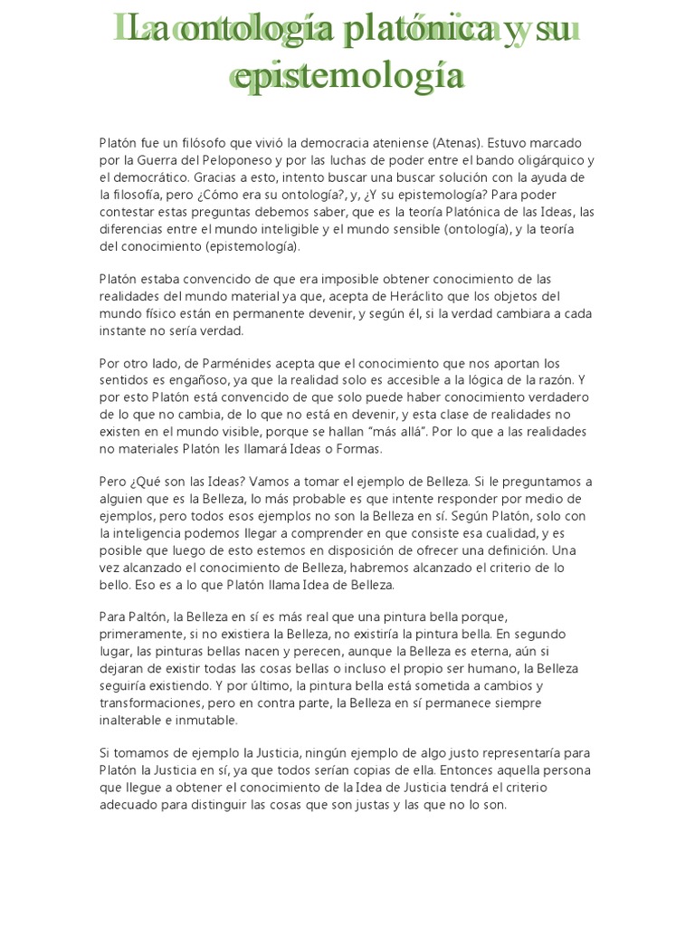 La Ontologia Platonica y Su Epistemologia | PDF | Platón | Conocimiento