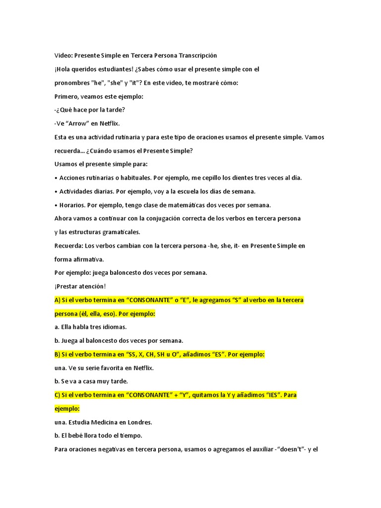 Presente Simple En Tercera Persona Pdf