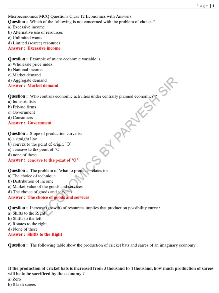 Class 12 Economics Mcqs Pdf Perfect Competition Monopoly