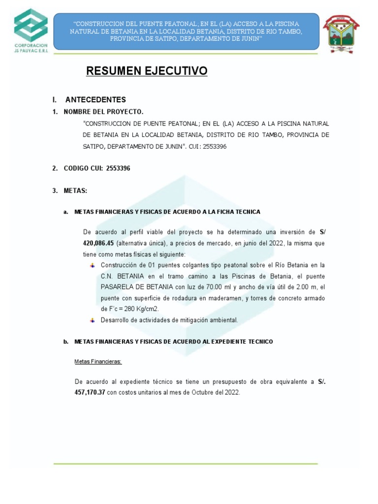 Resumen Ejecutivo | PDF | Presupuesto | Puente