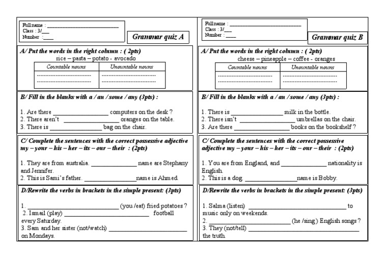 Grammar Quiz for Class 3 Students on Countable and Uncountable Nouns ...
