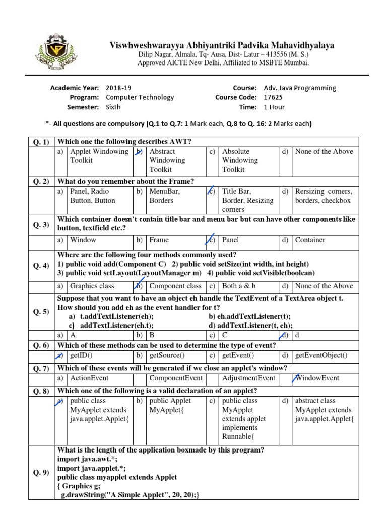 Advanced Java Programming Quiz | PDF | Java (Programming Language ...