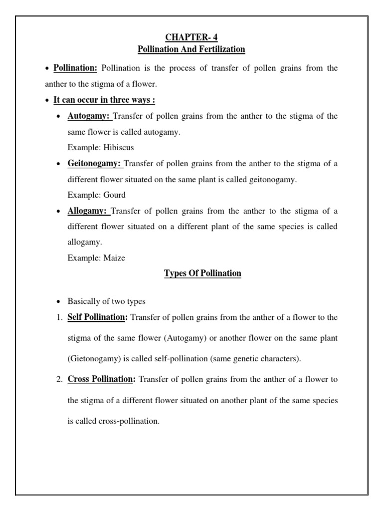 Pollination Full Notes | PDF | Flowers | Fertilisation