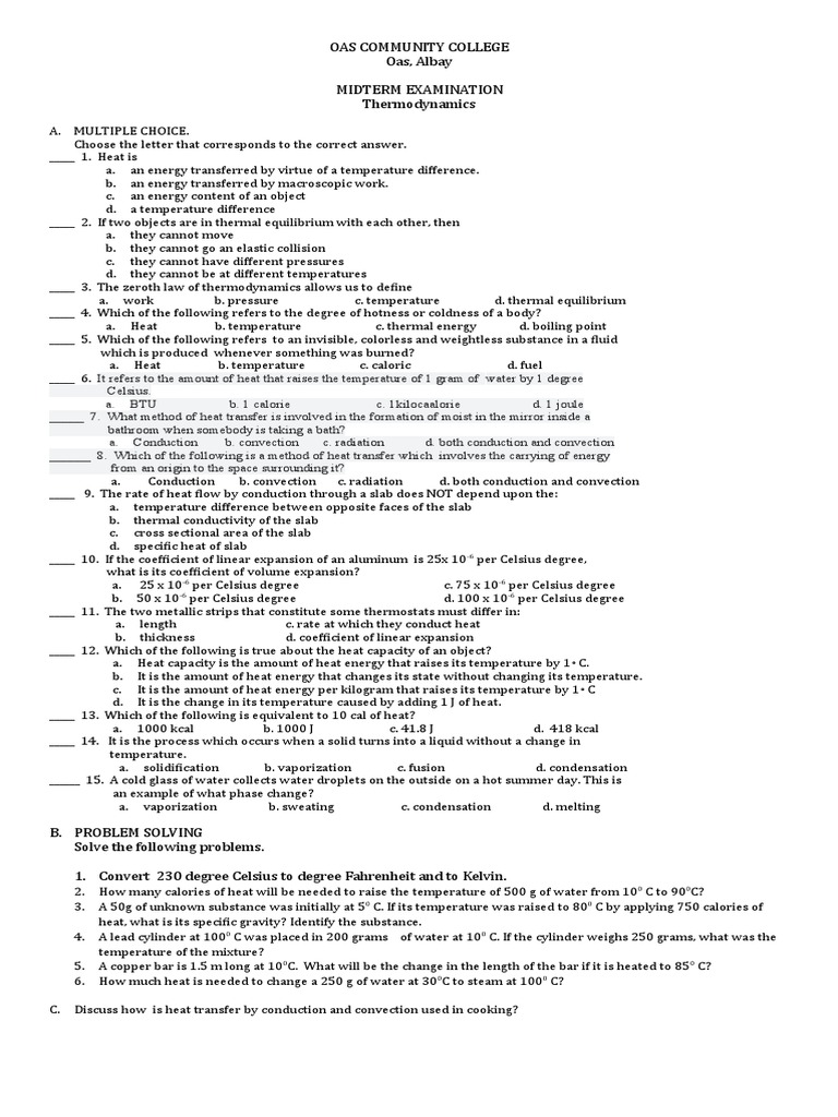 Midterm Exam - Thermo | PDF | Heat | Thermal Expansion