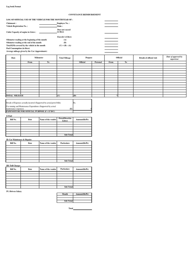 09 Log Book Format | PDF | Fuel Economy In Automobiles | Expense