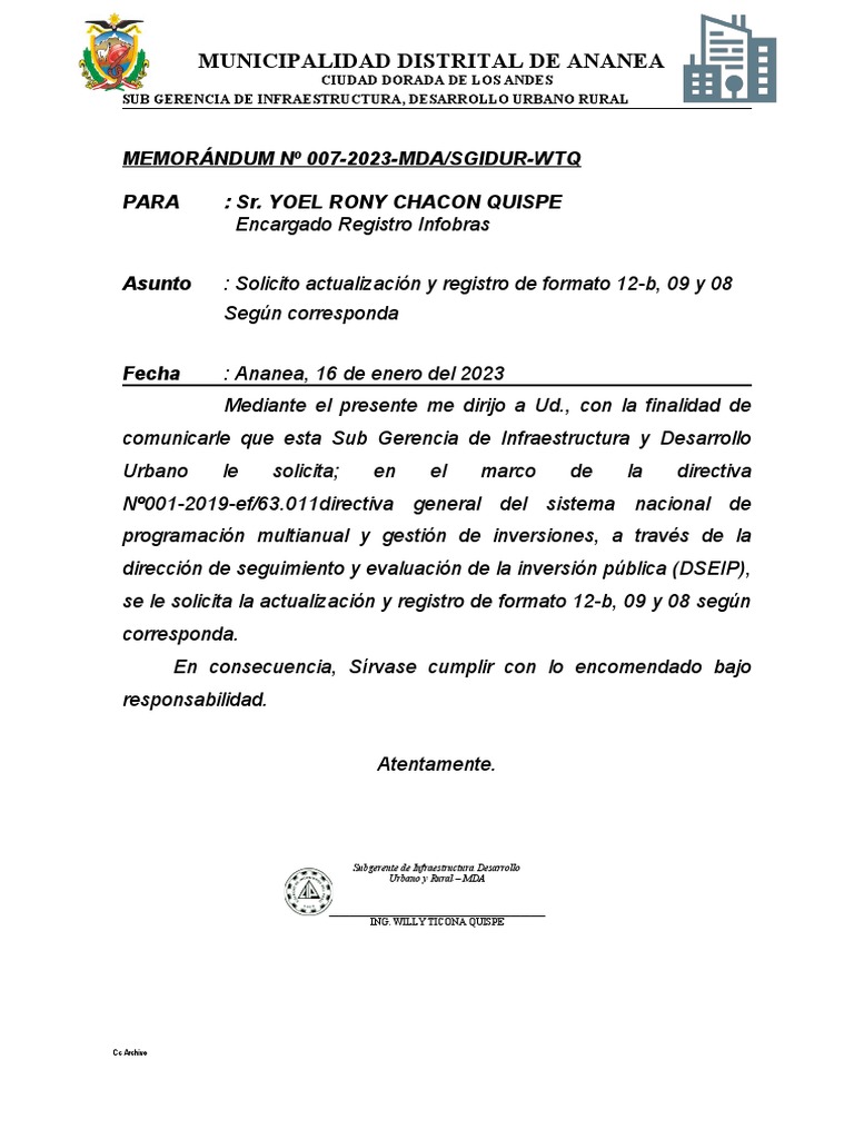Memorandum N 007 Solicito Actualizacion y Registro de Formatos | PDF