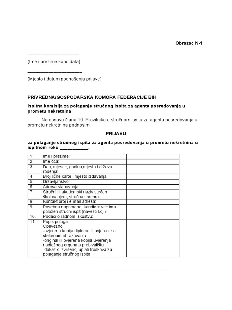 Obrazac N 1 | PDF