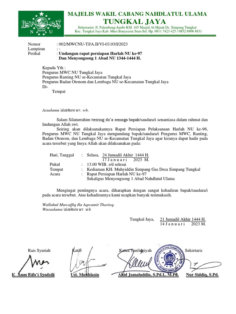 Undangan Rapat Harlah Nu 2023 | PDF