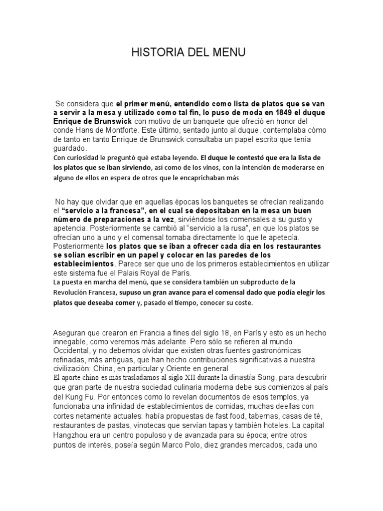Orígenes e Historia del Menú | PDF | Menú | Alimentos