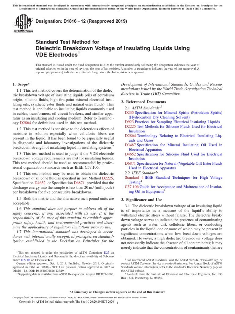 Astm D1816 12 (2019) | PDF | Electrical Breakdown | Insulator (Electricity)