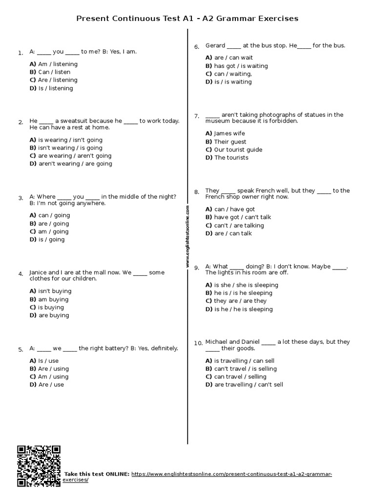 449 - Present Continuous Test A1 A2 Grammar Exercises | PDF