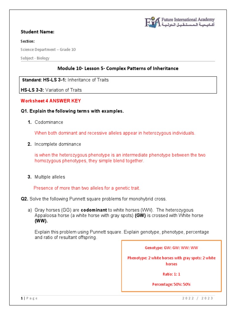 G10+Biology++worksheet+M10 L5+-+Answer+key | PDF | Genotype | Dominance ...
